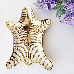 NUYKOUY Zebra Stripe Jewelry Tray Ceramic Dishes Plate Gilded 5.9", Gold