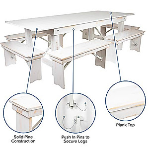 Flash Furniture HERCULES Series 8' x 40" Antique Rustic White Folding Farm Table and Six Bench Set