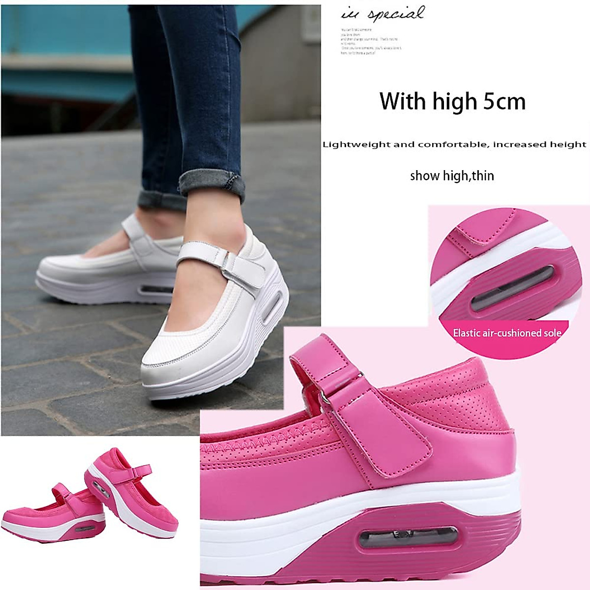 AngryMonkey Womens Air Cushion Buffer Mary Jane Walking Nursing Orthotic Heel Pain Wedge Adjustable Breathable Platform Work Nurse Shoes (Black/PU,8,Women,8)