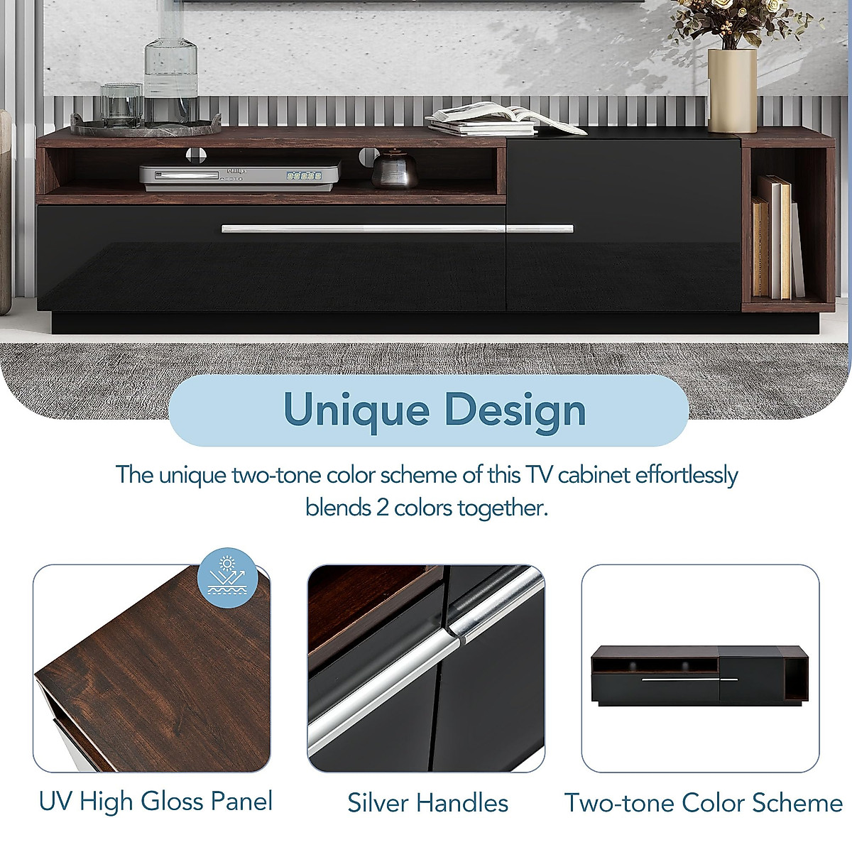 Merax Two-Tone Design Stand with Silver Handles, UV High-Gloss Media Console for Television Up to 70", Chic Style TV Storage Cabinet for Living Room, 66.8 inch Length, Black