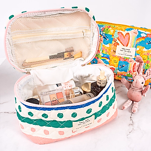 Cotton Quilted Makeup Bag Cut Cosmetic Pouch Large Capacity Flap Handheld Travel Cosmetic Bag Kawaii Coquette Aesthetic Floral Toiletry Bag for Women (Colourful Dots)