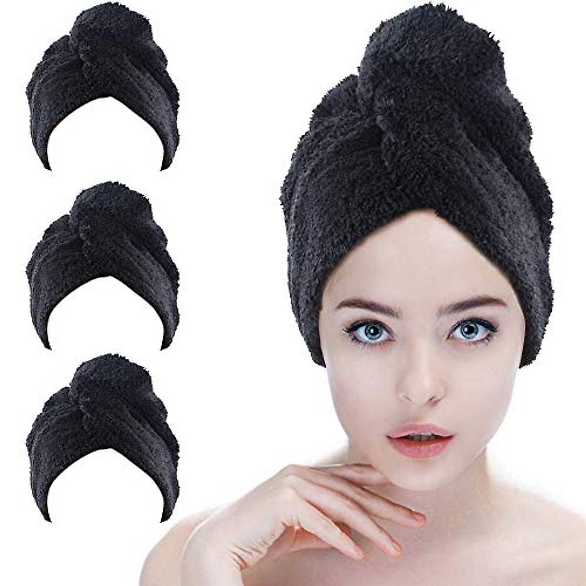 SINLAND Microfiber Hair Drying Cap Hair Towel Turban Twist for Long Hair Fast Drying Towels Head Turban Absorbent Soft Lightweight 3 Pack Black