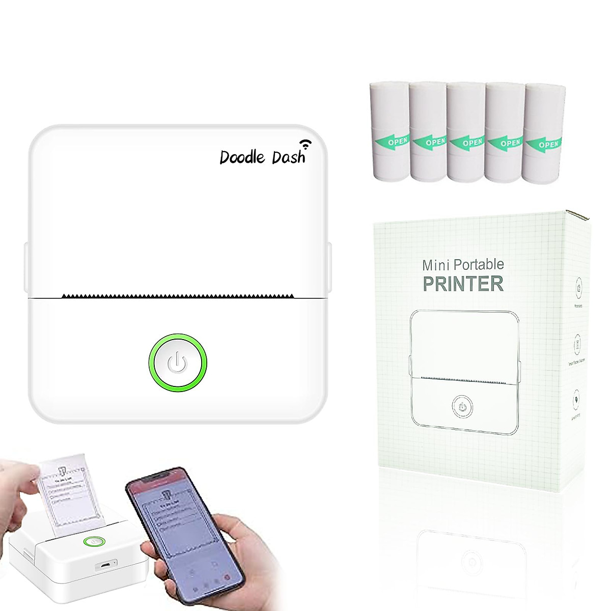 Doodle Dash Printer Mini Printer Sticker Maker Bluetooth Connection Cell Phone, Tablet with 5 Self-Adhesive Rolls Printing Paper Wireless Inkless Pocket Printer Suitable for Photos, Study (White)
