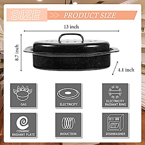 Laedau Granite Roaster Pan 13 Inch Multi Use Oval Roaster with Lid Small Granite Roaster Pot for Turkey, Small Chicken, Roast Baking Pan, Black Speckled Enamel Cookware, Roast 7 Lb Birds