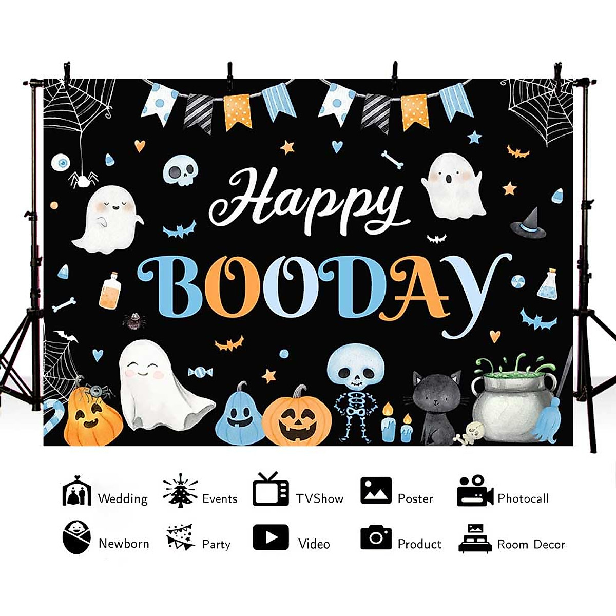 MEHOFOND 7x5ft Halloween Birthday Party Backdrop Black Happy Booday Photography Background Cute Ghost Pumpkin Skull for Girls Boys Birthday Party Decorations Cake Table Banner Photo Studio Supplies