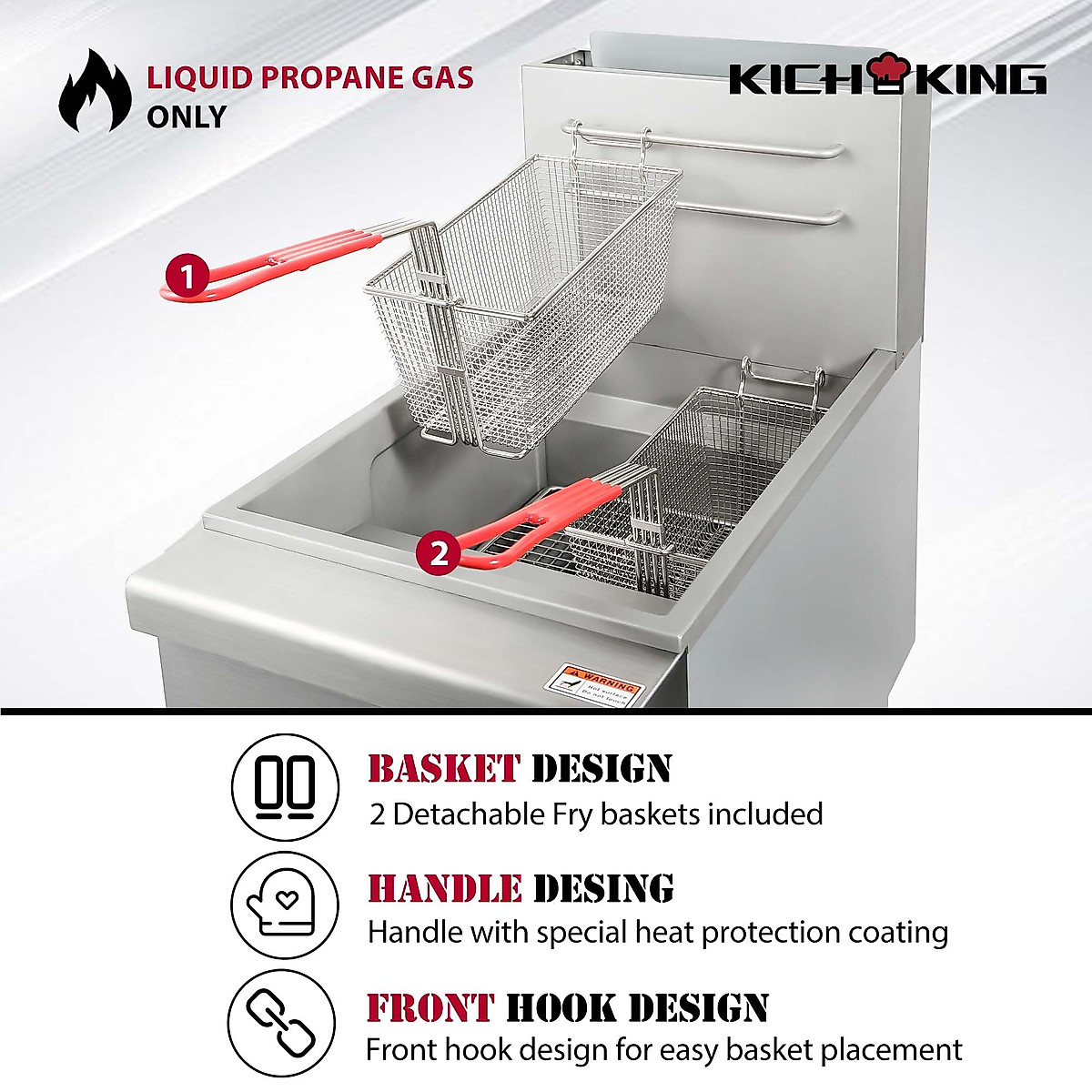 KICHKING Natural Gas Floor Fryer, 3 Tube Commercial Deep Fryer with 2 Baskets, 40 lbs Capacity, 90000 BTU, Restaurant Stainless Steel Gas Upright Fryer, Deep Floor Fryer Consistent Temp 200-400°F