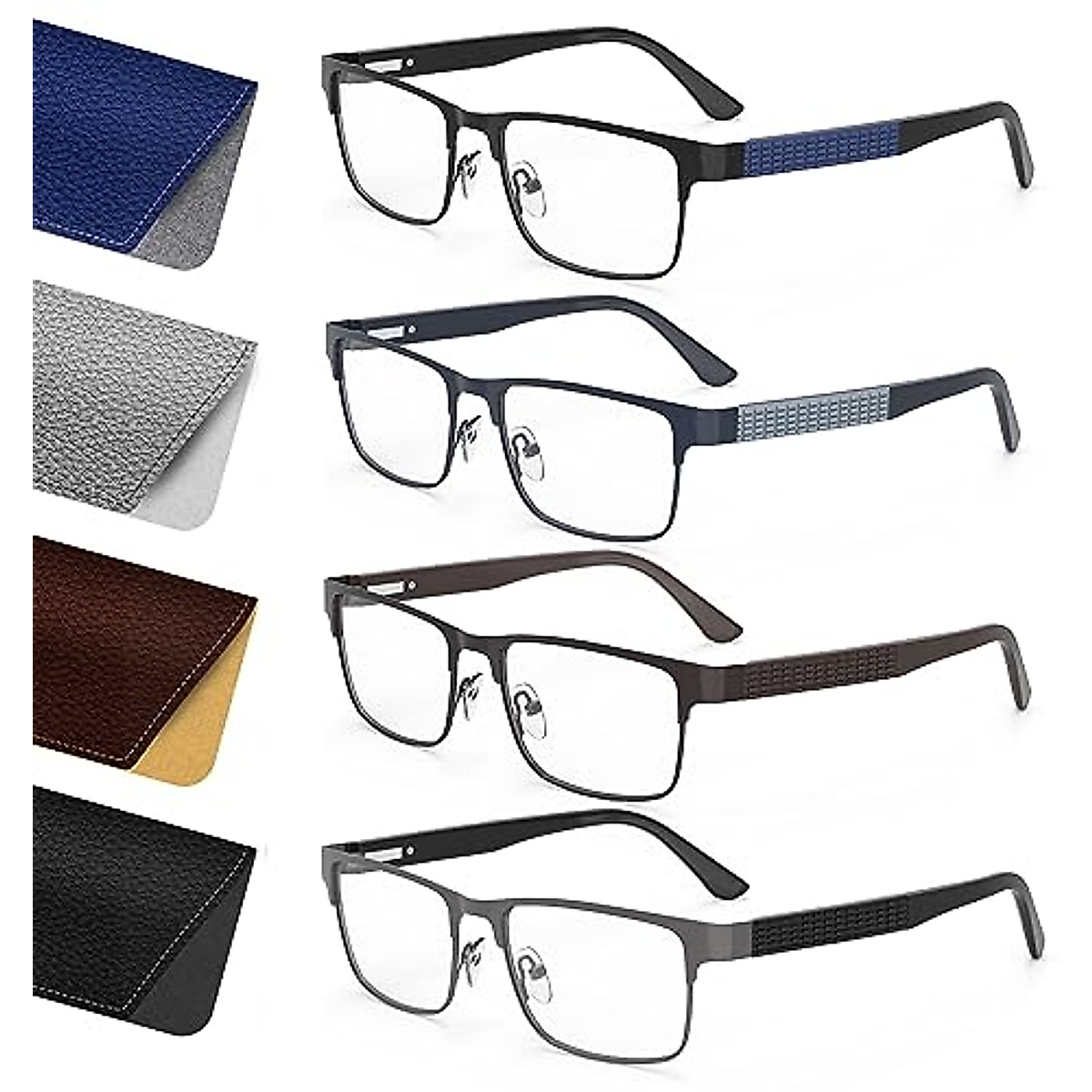KISDATE OPTICS 4 Pack Reading Glasses Blue Light Blocking Men,Stylish Computer Readers Anti UV/Eyestrain Durable Metal Frame Spring Hinge Quality Eyeglasses Exquisite Leather Case (Mix Color +1.50)