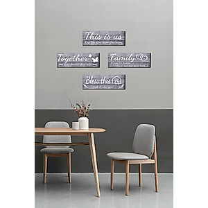 Joyhawk 4 Pieces Wall Decor Signs, THIS IS US, TOGETHER, BLESS THIS HOME, FAMILY Rustic Wooden Farmhouse Wall Art Décor For Living Room Bedroom Kitchen, , 4.7 x 13.8 Inch(Grey)