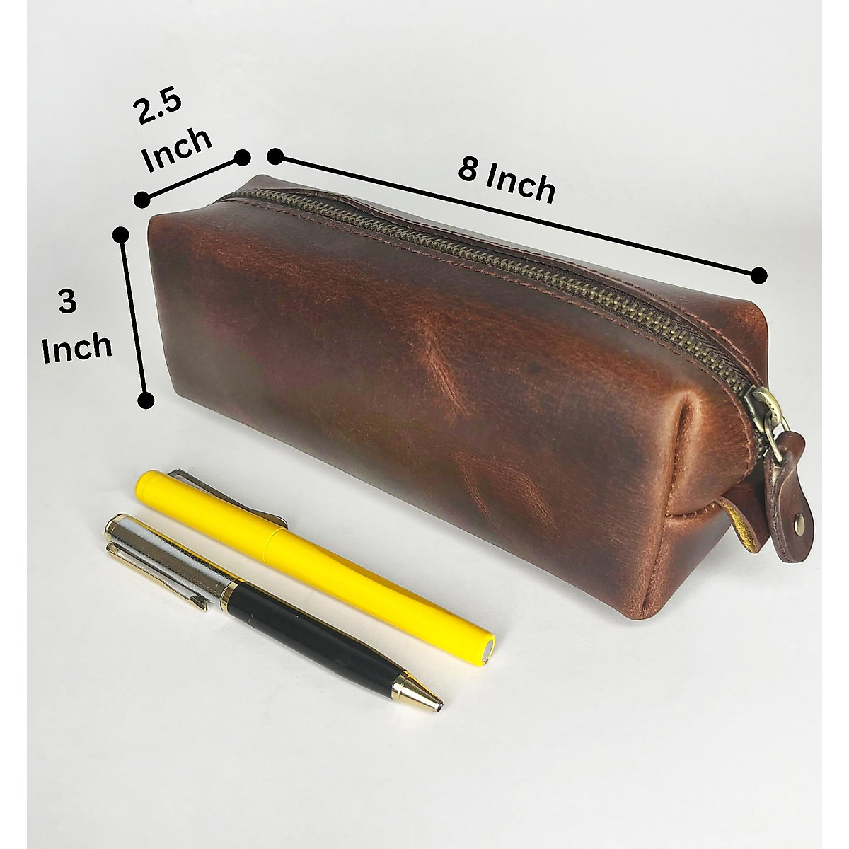 RUSTIC TOWN Leather Pencil Case - Handcrafted Full-Grain Zipper Leather Pen Pencil Holder - Elegant & Practical Pencil Pouch for Work & Office