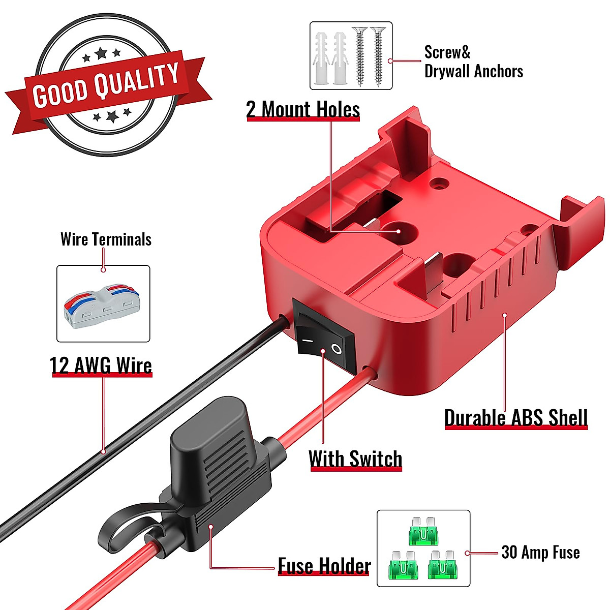 1 Pack Power Wheels Adapter for Milwaukee M18 Battery Adapter Power Wheels Battery Converter Kit with Fuse & Switch & Wire Terminals & 12 AWG Wire for DIY RC Car Toys Robotics