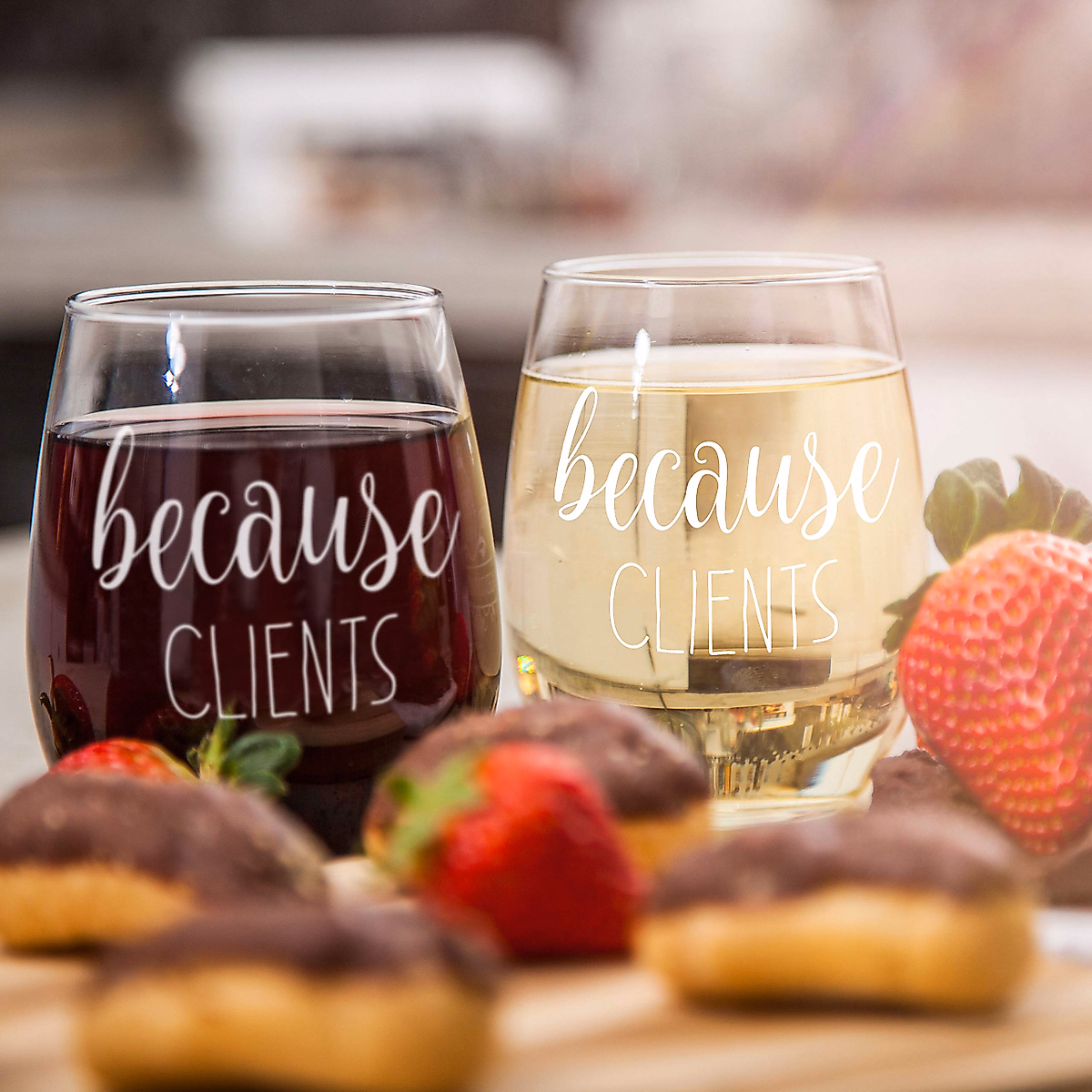 Because Clients Funny Stemless Wine Glass 15oz - Unique Gift Idea for Hairdresser, Makeup Artist, Nail Tech, Lawyer, Realtor, Real Estate Agents - Perfect Birthday and Christmas Gifts for Men or Women