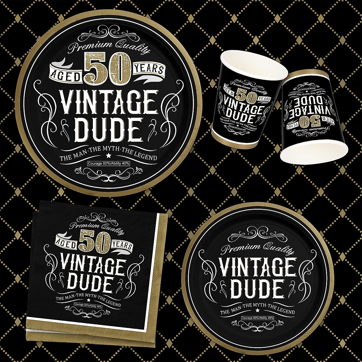 50th Birthday Party Supplies Paper Plates Napkins Cups Tablecloth Banner for Men Black and Gold 50th Birthday Decorations Serve 25