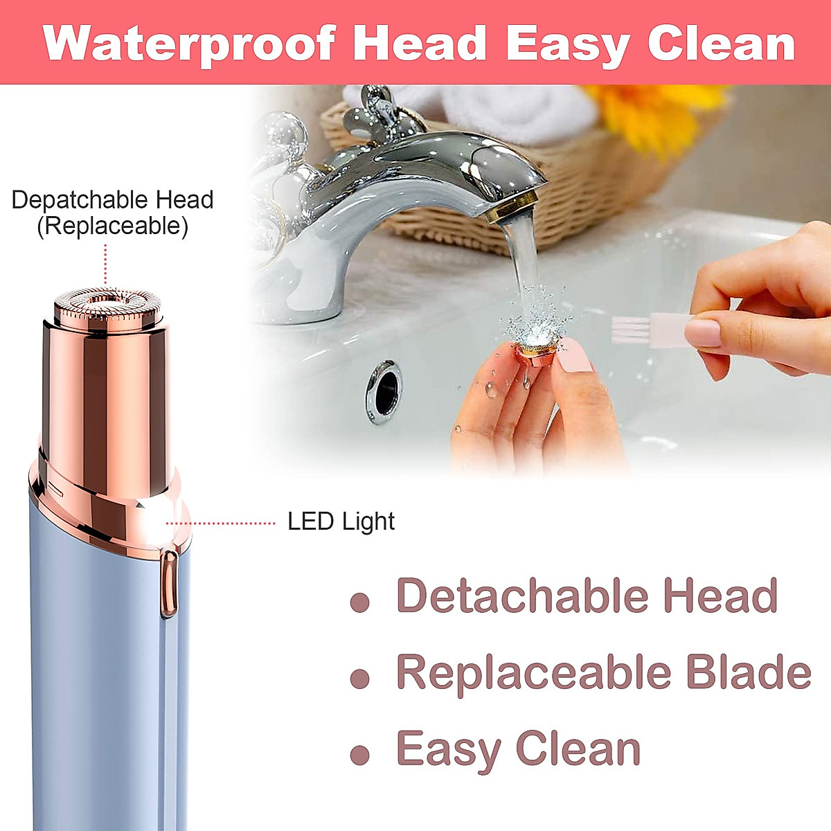 LAIKME Facial Hair Remover, Removal Shaver for Women, Rosarden USB Rechargeable IPX6 Waterproof Eyebrow Face Razor Trimmer for Lips, Body, Arms, Mustaches, Fuzz and Chin (Blue)