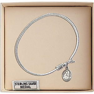 7 1/4 inch Oval Eye Hook Bangle Bracelet w/St. Mary Magdalene in Sterling Silver