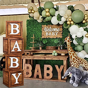 Baby Shower Boxes Party Decorations - 4 Wood Grain Brown Blocks with BABY Letter, Printed Letters,First Birthday Centerpiece Decor, Teddy Bear Baby Shower Supplies, Gender Reveal Backdrop