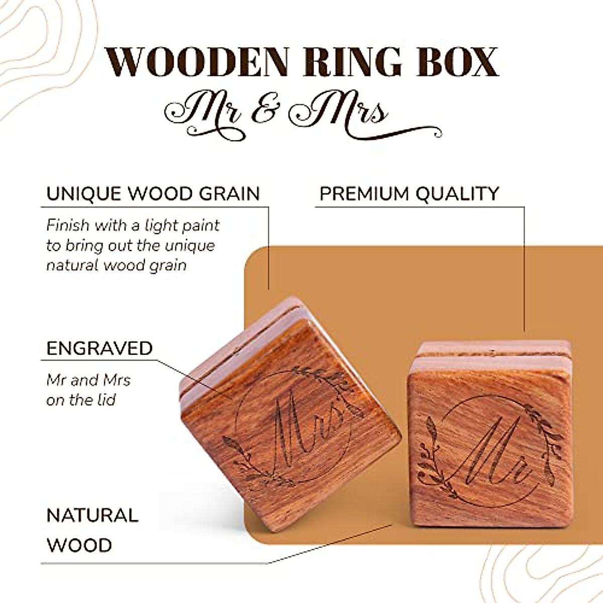 Mr. and Mrs. Ring Box – Handmade Wood Ring Box for Wedding day Ring Boxes Small Engraved for Engagement/Proposal, Rustic Ring Box, Ring Storage Box Engagement Gift (Wood Ring Box - Flower 2 PCs)