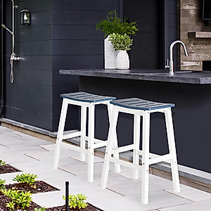 Aoodor Outdoor Bar Stools,Set of 2 Bar Chairs, 28 Inch HDPE Patio Counter Height Bar Stools with Footrest for Backyard, Garden, Lawn and Patio - Navy Blue and White