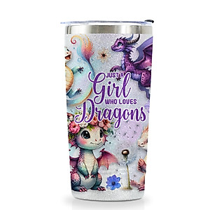 Onebttl Dragon Gifts for Girls, Dragon Coffee Travel Mug for Dragon Lovers, Women, Daughter - Just A Girl Who Loves Dragons - Stainless Steel 20Oz Tumbler, Glitter