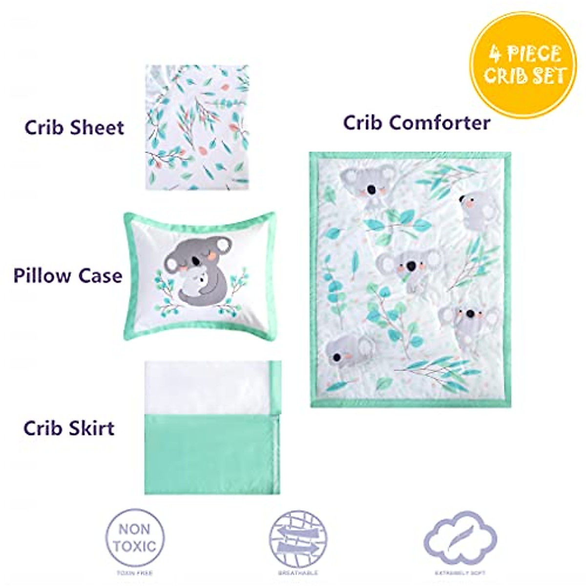 Little Grape Land 4 Piece Crib Bedding Set, Crib Sheet, Crib Skirt, Baby Quilt and Pillow Cover, Nursery Bedding Set, Baby Comforter Set for Toddler, Kids, Boys and Girls, Green Koala