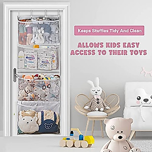 DBEES Stuffed Animal Storage, Large Capacity Over Door Stuffed Animal Organizer, 4 Expandable Mesh Net Pockets Breathable Hanging Plush toy storage, for Boys, Girls, Organizing Nursery, Bedroom