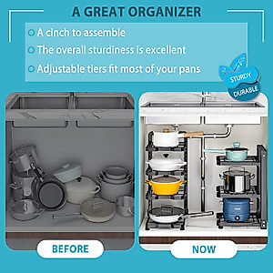 ROMATIA Pot and Pan Organizer Rack for under Cabinet, Heavy Duty Pot Pan Rack under Sink Organizers and Storage, Pot lid organizer, Kitchen Cabinet Organizer with 4 Adjustable Tiers(Hollow Style)