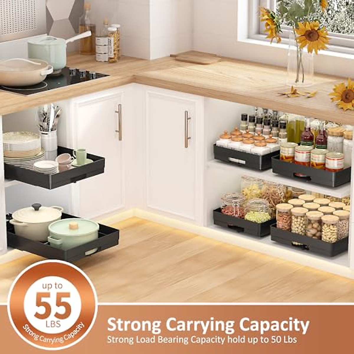 4 Pack Pull Out Cabinet Organizer, Slide Out Drawers for Kitchen Cabinets, Under Sink, Pantry, Bathroom, Cabinet Pull Out Drawers Shelves with Adhesive Nano Film Fixed and Slide Out Rails