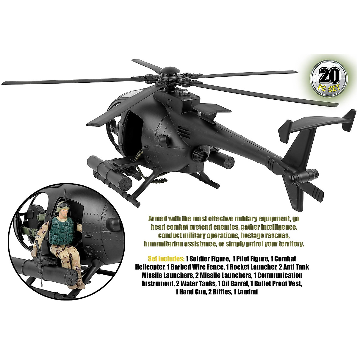 Click N' Play Military Attack Combat Helicopter Toy - 20 Piece Play Set Helicopter Toys with Accessories - Military Toys