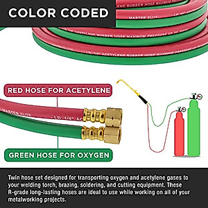 Master Elite 25 Foot Oxygen Acetylene Hose Twin Welding Hose Set, 1/4 Inch B Fittings, 9/16”-18 - Oxy Acetylene Cutting Torch Hoses, Welder Gas Hose Cut Metal, Green Red, Grade R, Fits Regulators