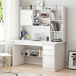 Modern Desk with Storage Drawers,Wood Computer Desk with Shelves,Sturdy Writing Desk Table with Bookshelf, Home Office Desk with Drawers for Study/Workstation(120x45x164cm(47x18x64in), B)