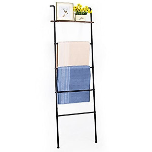 Blanket Ladder Towel Ladder, Wall Leaning Metal Blanket Ladders with Shelf for The Living Room, Black Towel Ladder Rack for Bathroom