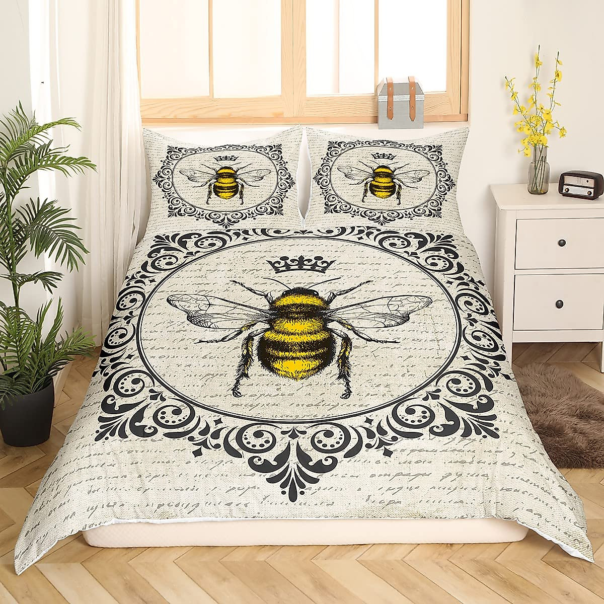 Erosebridal Sweet Honey Bee Bedding Sets Queen Cute Kawaii Animal Comforter Cover Retro Vintage Style Bed Sets 70S 80S Grunge Duvet Cover Old Newspaper Print Quilt Cover Breathable 3pcs