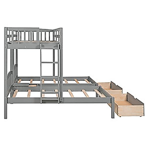 Wooden Triple Bunk Bed with Drawers, Twin Over Twin & Twin Bunk Bed for 3 Kids, Space Saving Bed Frame (2 Drawers- Grey)