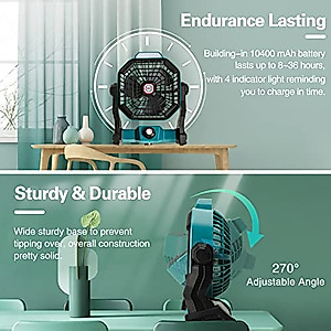 CONBOLA Portable Battery Operated Fan with LED Lantern, 10400mAh Outdoor Small Rechargeable Quiet Camping Fan, Personal Desk Fan Cooling Table Fan with Hanging Hook for Tent,Bedroom, Office(Green)