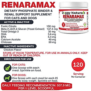 RENARAMAX Dietary Phosphate Binder for Cats & Dogs and Renal Support Supplement Powder for Pets, 120 dose (60.9 g) - (Made in U.S.A)