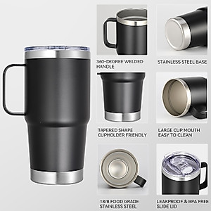 Abbrevi 20 oz Stainless Steel Tumbler with Handle Metal Insulated Coffee Travel Mug with Handle Double Wall Tumbler Cup with Lid and Straw, Black 1 Pack