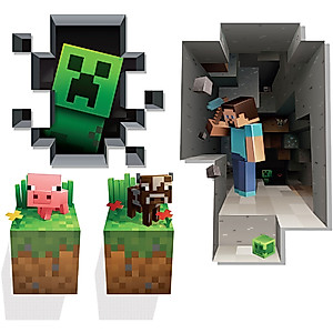 (Set of 4) LucyM Wall Decal Digging Steve; Creeper Inside Wall; Baby Pig; Baby Cow