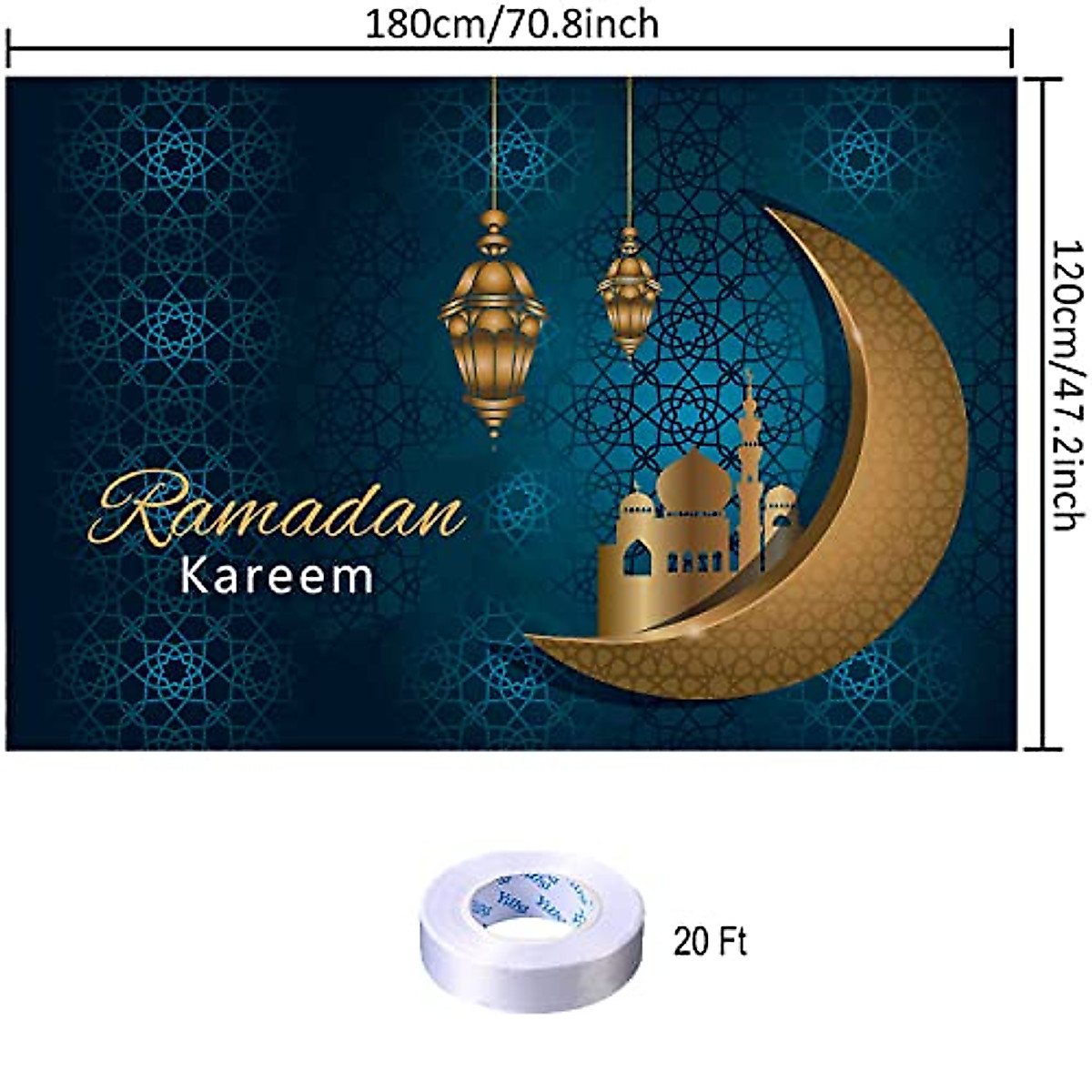 Ramadan Mubarak Backdrop Ramadan Kareem Banner Eid Mubarak Photography Background for Home Decorations Ramadan Party Supplies 70.8 x 47.2 Inch (Dark Blue)