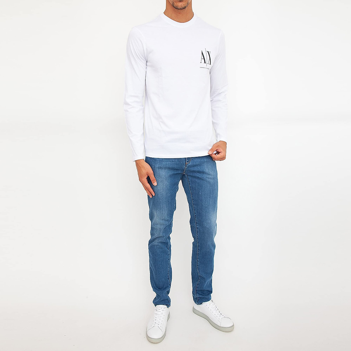 A|X ARMANI EXCHANGE mens Icon Chest Graphic Long Sleeve T-shirt T Shirt, White, Large US