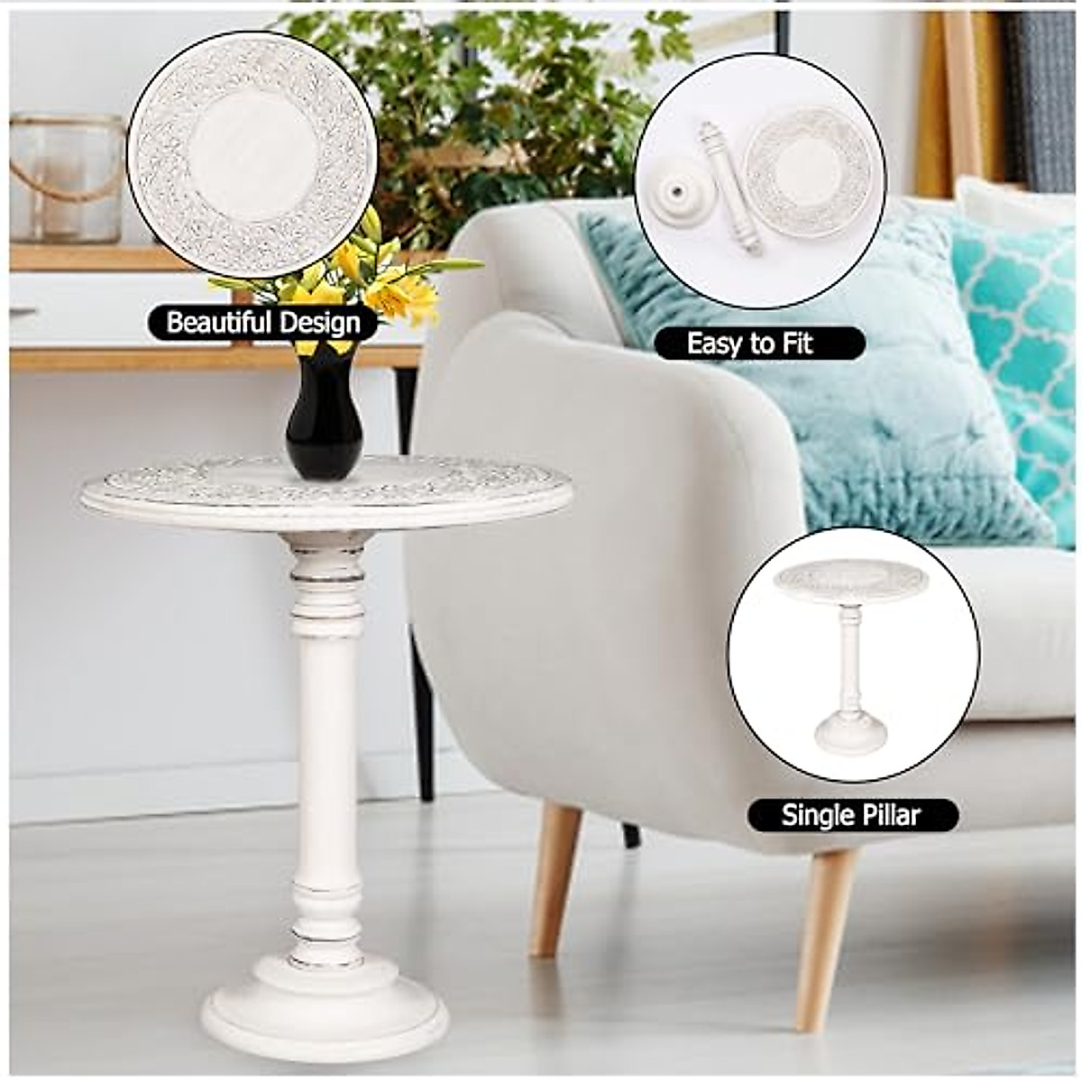 Side Table,Round End Table,Small Table,Side Tables Living Room,End Table,Round Side Table,Altar Table, Carved Side Table,Wood Accent Table,Carved Wood Table Single Pillar 18x22 inch White Antique