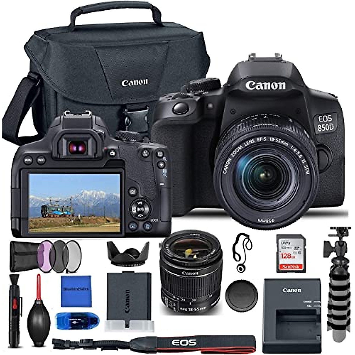 Canon EOS 850D(Rebel T8i) DSLR Camera w/Canon EF-S 18-55mm F/3.5-5.6 Zoom Lens + Case + 1 Sandisk 128GB Memory Card + Flex Tripod + 3pc Filter Kit + Card Reader + Cleaning Kit (Int'l Model), Black