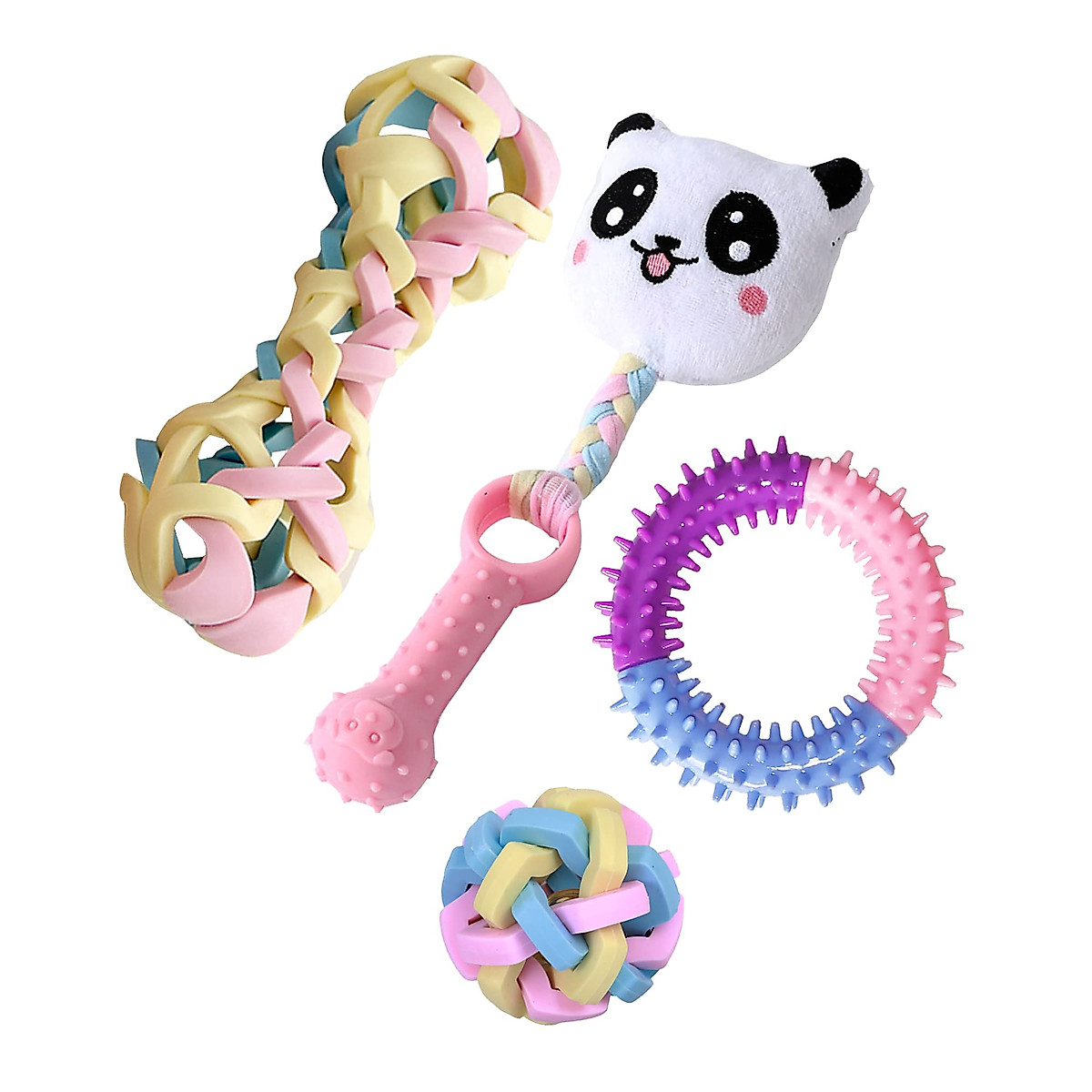 DogieLyn Puppy Toys or Small Medium Dogs 4 Pack Chew Toy for Puppies Pet Teething Toy for Cleaning Teeth Interactive Soft Plush Panda Treat DispenserI Bone Squeaky Ball Tri-Color Ring Cute Toy Set