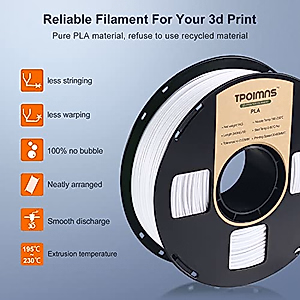 TPOIMNS PLA Filament 1.75mm, White PLA 3D Printer Filament, 1kg Spool (2.2lbs), Dimensional Accuracy +/- 0.03mm, Used by Most FDM 3D Printer