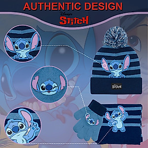 Disney Lilo and Stitch Kids Beanie Hat and Glove Set for Girls – Blue Stitch Hat for Girls Ages 5-13