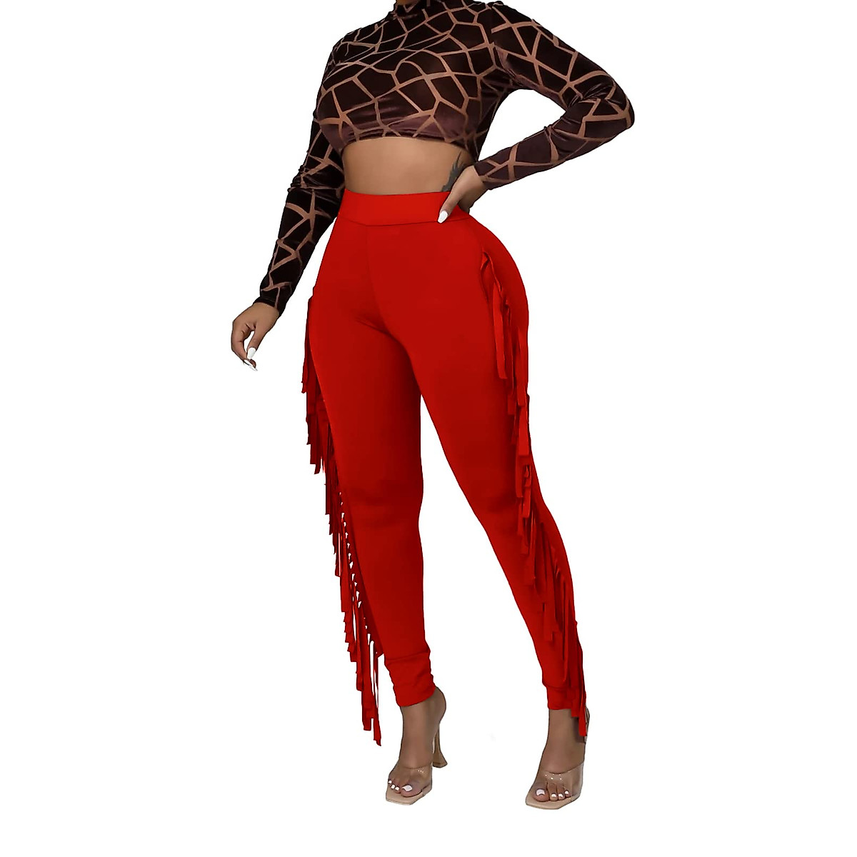 Women's Fringe Pants Casual High Waist Solid Bodycon Side Tassel Pants Yoga Pants Sweatpants Bandage Pants Red Large