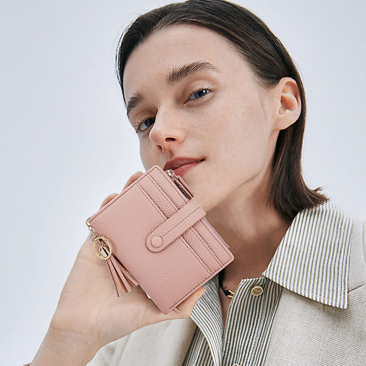 HKCLUF Small Wallets for Women,RFID Blocking Wallet Women,Bifold Slim Card Holder Zipper Coin Pocket With Tassel Keychain(Pink)