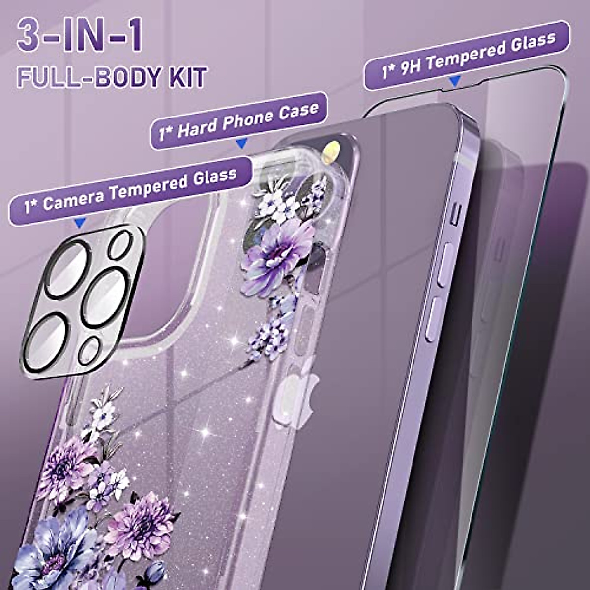 OKP (3 in 1 for iPhone 14 Pro Max Case Flower, with Screen Protector/Camera Lens Protector Cute Floral Pattern Clear Glitter Sparkly Bling Slim Hard Back Cover 6.7" for Women Girls, Purple Floral