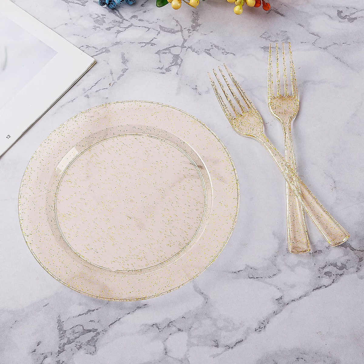 Goodluck 120PCS Gold Glitter Plates with Plastic Forks, Gold Dessert Plates for 60 Guests, Heavy Duty Disposable Plates for Party, Including 60 7" Plastic Plates and 60 7.4" Plastic Forks
