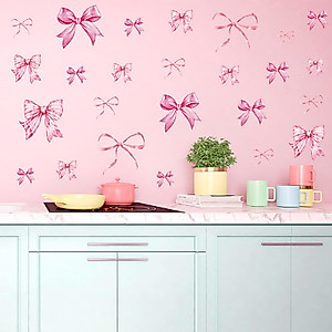 Whaline 12 Sheets Trendy Pink Bow Wall Stickers Light Pink Bow Knot Wall Decals Watercolor Room Mural Stickers for Girls Party Home Nursery, 7.9 x 11.8 Inch