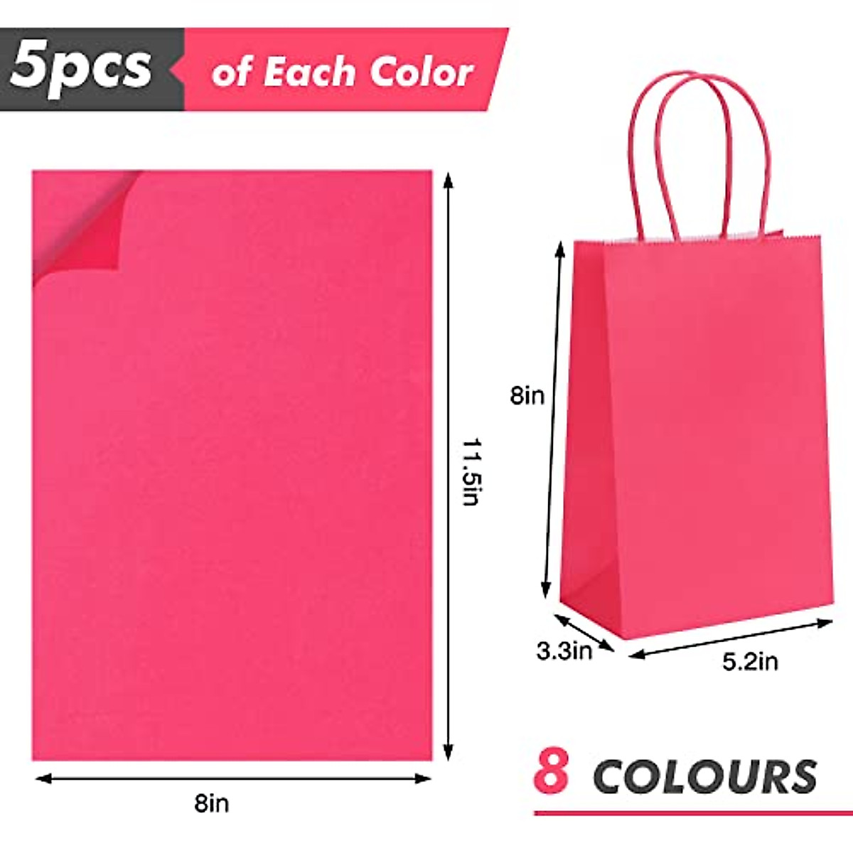 Moretoes 40pcs Gift Bags with 80 Tissues Papers, 8 Colors Bulk Party Favor Bags with Handles, Small Size Rainbow Gift Bags for Wedding, Baby Shower, Birthday, Party Supplies and Gifts