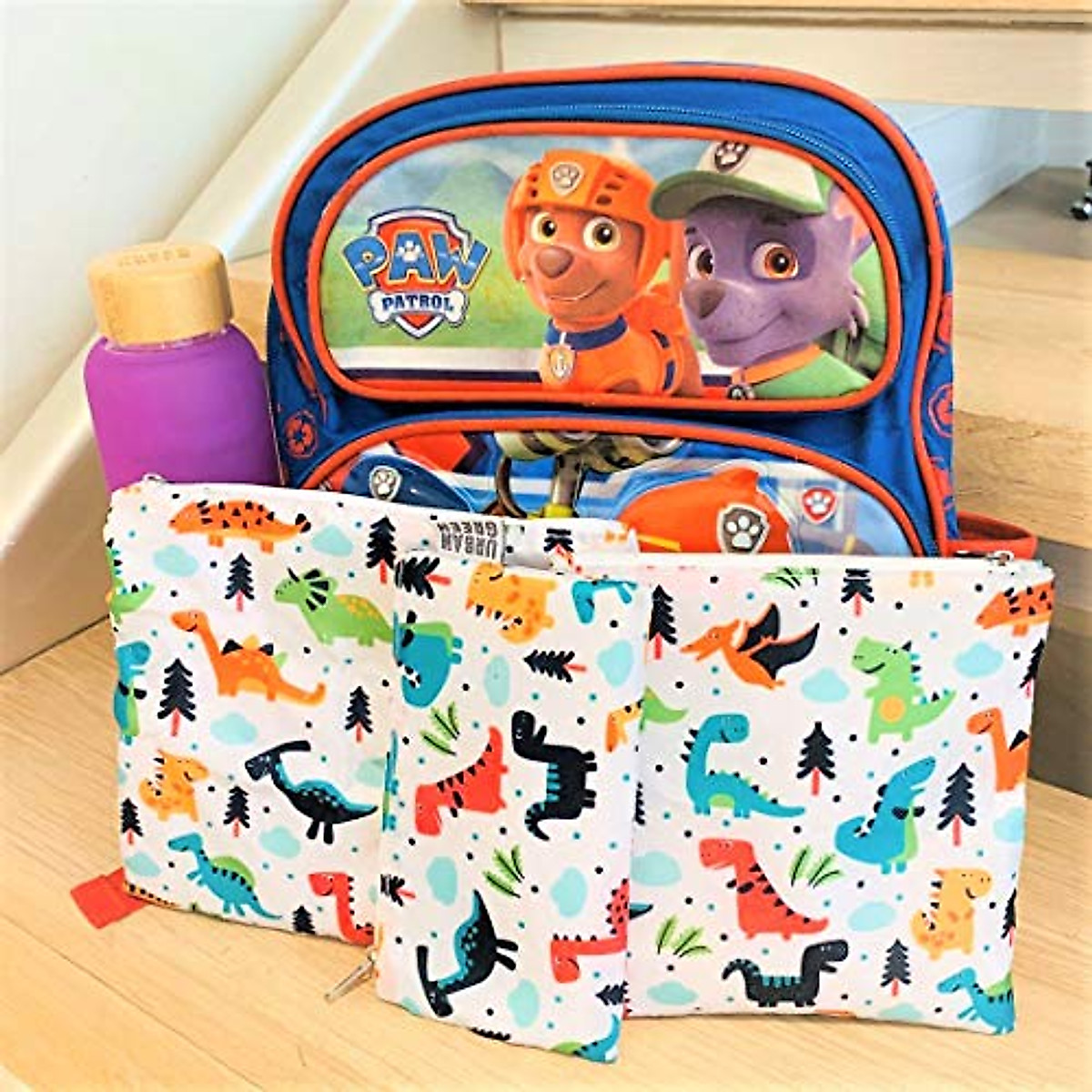 Reusable Sandwich Snack Bags for kids Urban Green, Sandwich bags zipper dishwasher safe, snack pouch bag cloths, Lunch Bags, BPA Free, 5 pack, Dinosaur snack Bags, Toiletry Makeup Bag